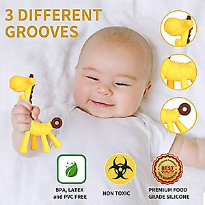 Fu Store Baby Teething Toys (7 Pack) for Newborn BPA Free Infant Toddler Silicone Fruit Giraffe Teethers Finger Toothbrush Strawberry Orange Peach Pear Soothe Babies Gums Set with Storage Case
