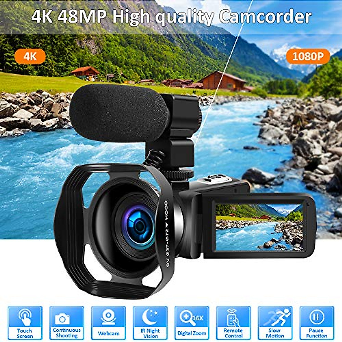 Video Camera Camcorder, 4K 48MP 60FPS IR Night Version Vlogging Camera 18X Zoom WiFi Digital Camera YouTube Recorder Camera with Microphone, 2.4G Remote Control, Handheld Stabilizer, Lens Hood