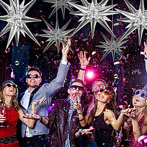 Toniful 4 Pcs 22inch 4D Silver Starburst Cone Mylar Balloons 14Point Star Balloons Explosion Star Foil Balloons for Party Supplies Backdrop Christmas,New Year,Birthday, Wedding,Photo Booth Ornament