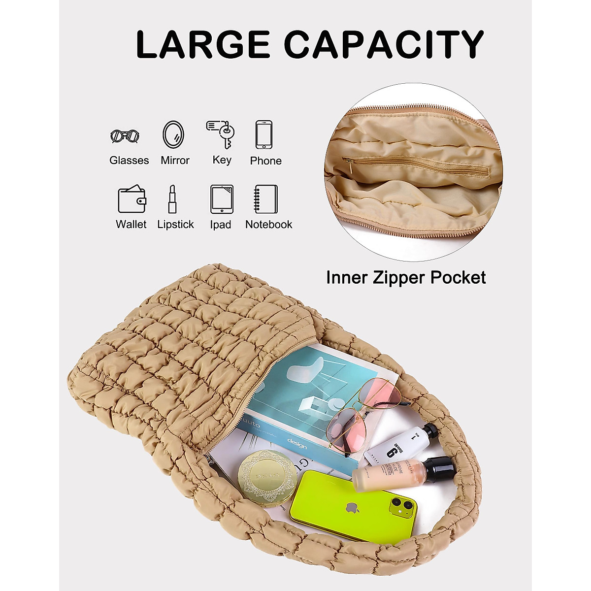 Rejolly Puffer Quilted Shoulder Bag for Women Puffy Bubble Tote Bag Lightweight Nylon Handbag Padded Soft Purse Khaki