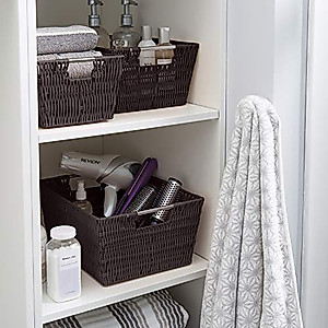 Simplify 3 Pack Set Woven Baskets with Handles, for Storage, Blankets, Toys, Books, Ideal for Home, Office, Dorm, Playroom, Closet, in Chocolate 3 Piece Rattan Tote