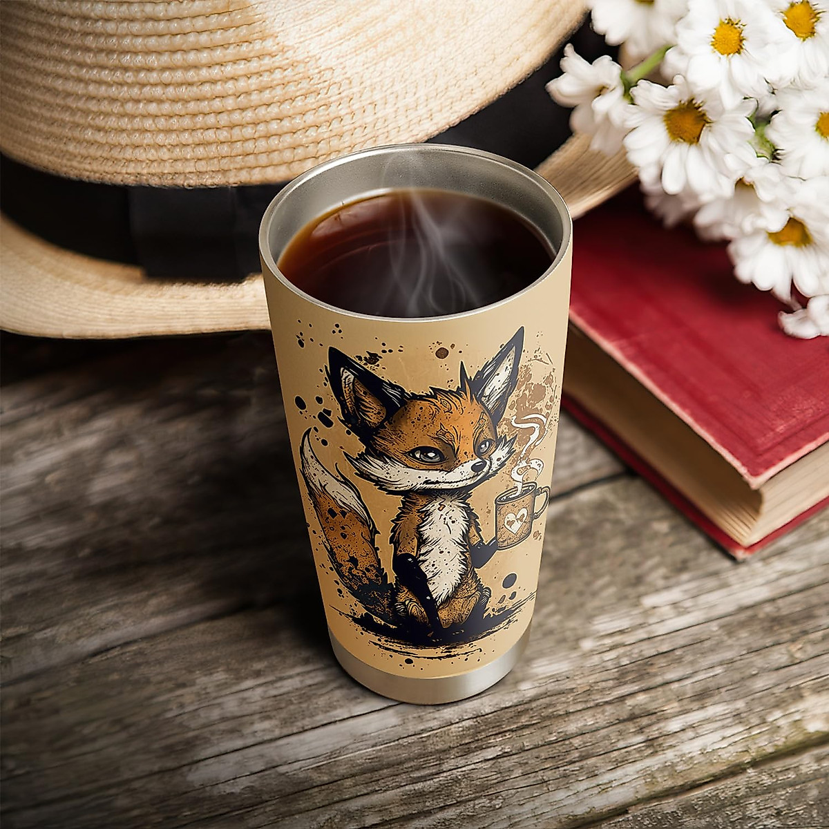 20oz Vintage Coffee Fox Tumbler, Gifts for Fox Lovers, Coffees Thermos for Women, Stainless Steel Double Wall Vacuum Insulated Coffee Mug, Travel Cup with Lid