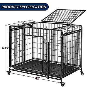 Azaeahom 43" Heavy Duty and Large Dog Crate Cage for Medium Large Dogs, High Anxiety Dog Kennel with Lockable Wheels & Removable Tray, Double Doors for Indoor Outdoor