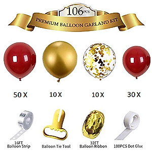 Red Balloons, 106pcs Balloon Garland Arch Kit, Red and Gold Balloons for Birthday Wedding Bridal Shower Bachelorette Engagement Anniversary Baby Shower Party Balloons Decoration