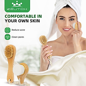 Premium Dry Brushing Body Brush Set for Lymphatic Drainage and Cellulite Treatment, Boar Bristle Long Handle Face Cleansing Brush for A Glowing Skin, 5 Pack