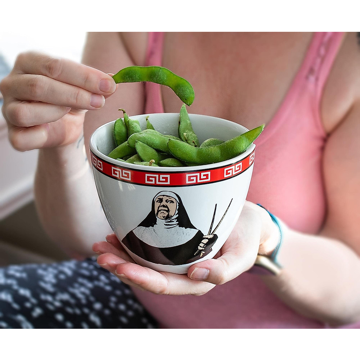 Boom Trendz Bowl Bop Ramen Sister Nun Japanese Ceramic Dinnerware Set | Includes 16-Ounce Noodle and Wooden Chopsticks Asian Food Dish For Home & Kitchen Funny Religious Gift, Snack Collectible, Red