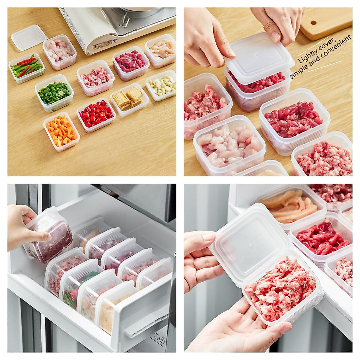 RabyLeo Japanese-style refrigerator storage box one person eats frozen meat sub-compartment box frozen fresh-keeping food sauce sealed sub-package box. (Transparent & Small 4-Piece Set)