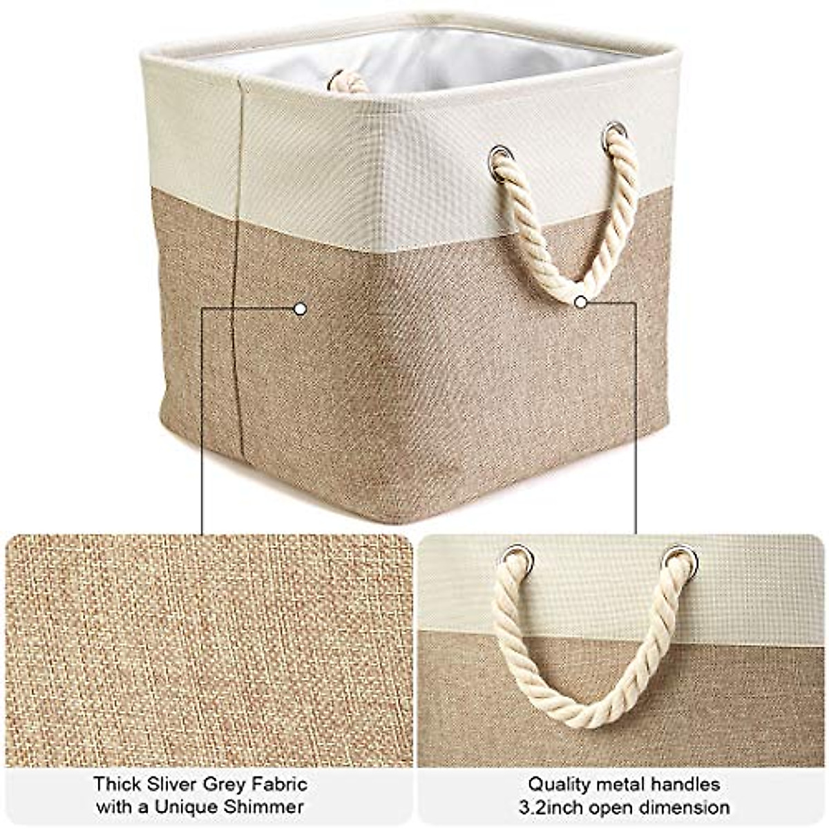 i BKGOO Cube Storage Bins，Foldable Canvas Storage Basket,3-Pack Collapsible Sturdy Fabric Organizing Basket with Cotton Handles for Home Office Shelf Clothes White-Khaki 13×13×13 inch