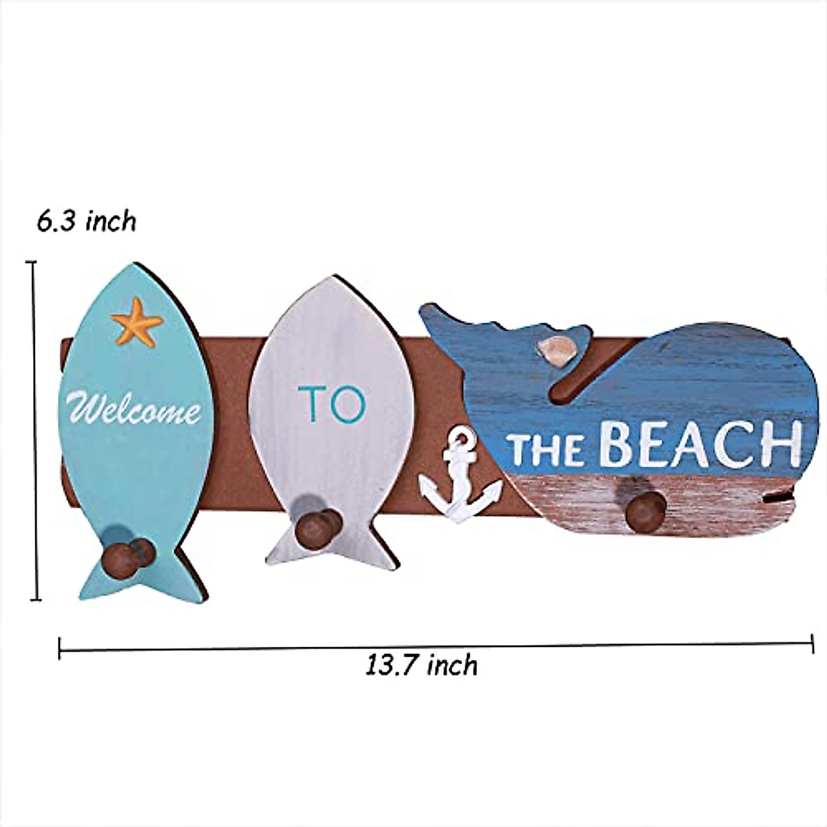 2-Pack Nautical Theme Hook Wall Mounted Wooden Coat Rack Key Hooks, Wooden Fish Welcome Key Holder for Wall with 3 Hooks Organizer, Welcome Door Wall Hook with Beach Nautical Decoration