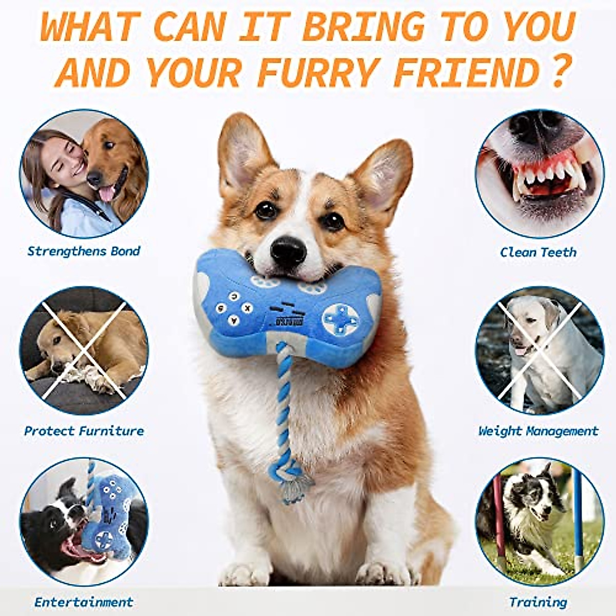 MTERSN Cute Squeaky Dog Toys : Blue Game Controller Plush Dog Toy and Funny Puppy Chew Toys with Full Crinkle Paper - Cool Dog Birthday Toys for Small, Medium and Large Dogs