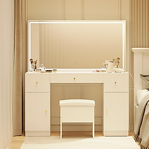 ClouDDwell Makeup Vanity Desk with Large Mirror and LED Lights, 3 Lighting Modes and Power Outlet. Makeup Vanity with 3 Drawers,2 Cabinets and Chair, Stool with Storage, for Bedroom, White, 1 Case