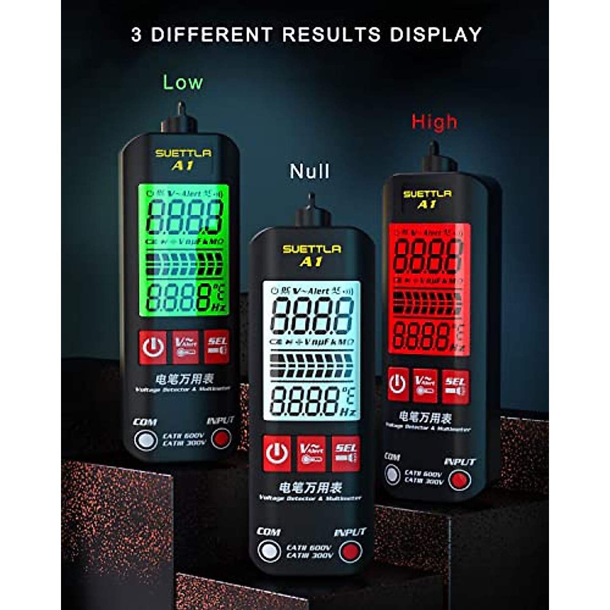 SUETTLA A1 Voltage Tester, Non Contact Voltmeter Digital Smart Multimeter Electric Detector for Measure AC/DC Volt, Liver Wire, Resistance, Continuity