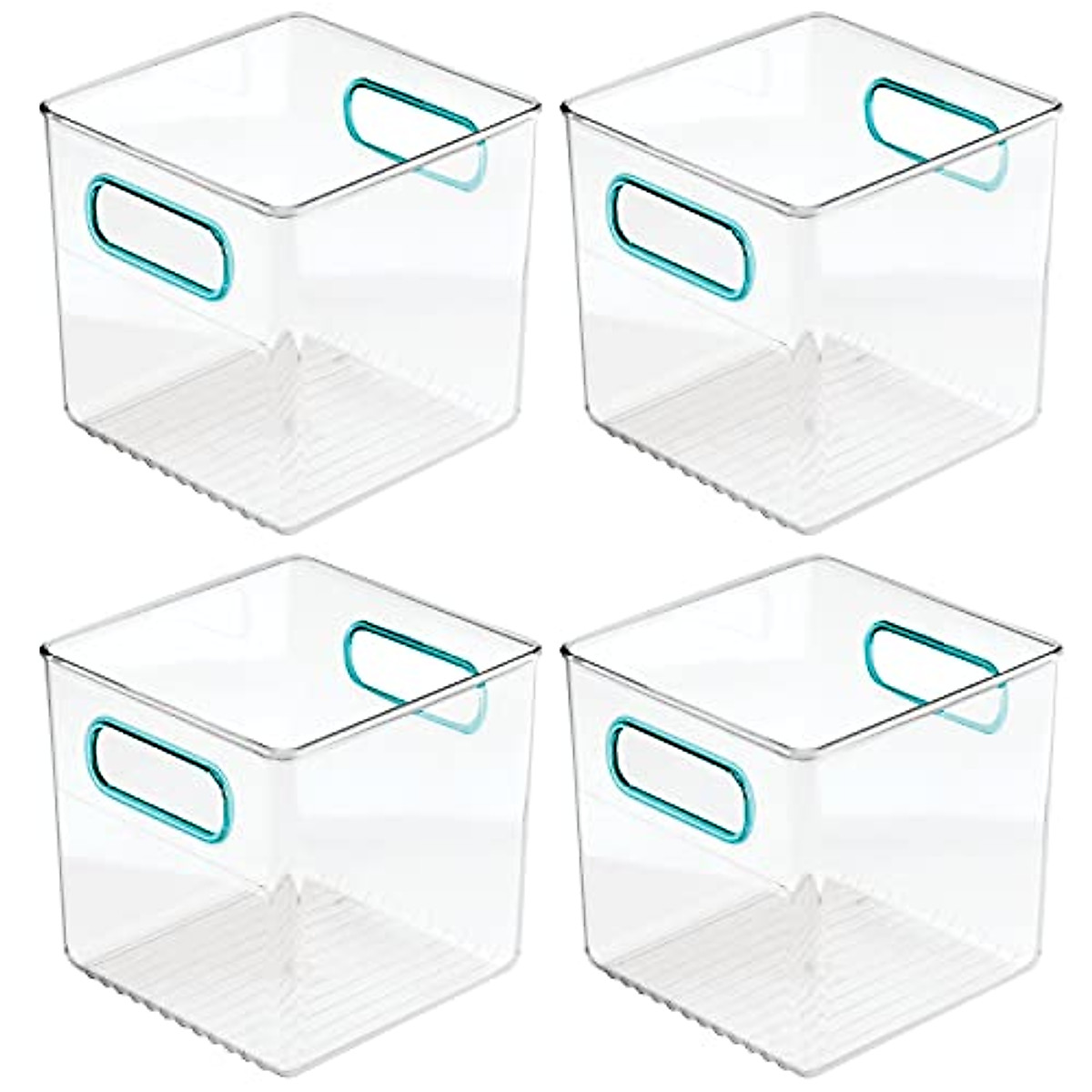 mDesign Plastic Kitchen Pantry Cabinet, Refrigerator or Freezer Food Storage Bins with Handles - Organizer for Fruit, Yogurt, Snacks, Pasta - Food Safe, BPA Free, 6" Cube, 4 Pack - Clear/Blue