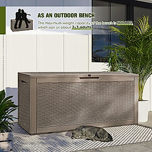 GUNJI 100 Gallon Outdoor Storage Box Waterproof Large Resin Deck Box Patio Storage Bench Lockable Storage Container for Outdoor Cushions, Pool Supplies and Garden Tools (Khaki)
