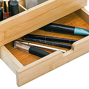 Suwimut Bamboo Makeup Organizer with Drawers, Multi-functional Cosmetic Display Case with 9 Sections for Bathroom, Countertop, Dresser, Wooden Vanity Organizer for Beauty Supplies