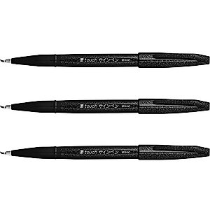 Pentel Fude Touch Sign Pen, Black, Felt Pen Like Brush Stroke (SES15C-A) 3 Pieces