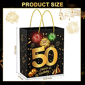 VANSHINIEER 50th Birthday Gift Bag with Fireworks Light and Music, Large Size Black Gold Gift Wrap Bag with Handles for 50th Birthday Party Decorations Supplies
