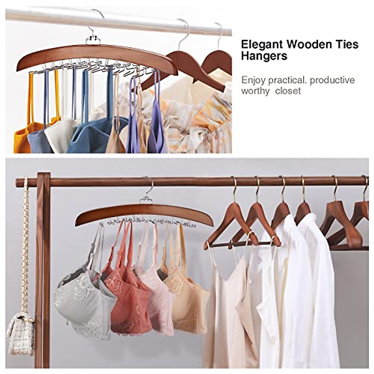 Ulimart Tie Rack Tie Hanger 24 Hooks Wooden Tie Organizer, Tank Top Hanger,Belt Organizer for Closet,with Upgraded 360°Rotating, Belts Scarves Accessories for Bras,Tank Tops,Camisoles…