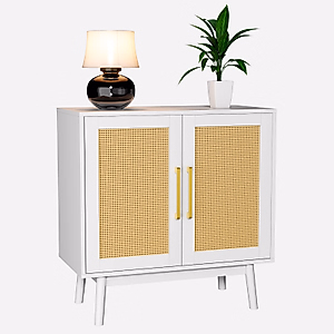 LYNSOM Sideboard Buffet Cabinet with Storage, Kitchen Buffet Cabinet with Rattan Doors and Adjustable Shelf, Small Storage Cabinet with Solid Wood Feetfor Hallway, Entry, Living Room, White