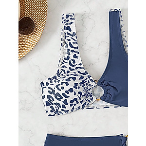 SOLY HUX Women's 2 Piece Swimsuit Color Block Leopard Print Ring Linked Bikini Set Bathing Suits Blue and White Leopard S