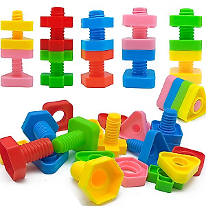 Jumbo Nuts and Bolts for Toddlers - 40 Pcs Screw Toys for Toddlers 1-3 - Occupational Therapy Toys with Storage Tote and Book - Shape Sorter Fine Motor Toys - Manipulatives for Preschoolers