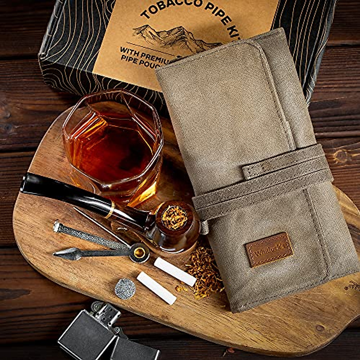 Whitluck's Tobacco Pipe with Waxed Canvas Pipe Roll, Handmade Wood Smoking Pipe with Ultimate Beginner Guide E-Book, Travel Tobacco Pouch - Smoking Gift Set and Accessories