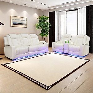 A Ainehome Power Leather Recliner Sofa Set with LED Lights, Recliner Sofa Sectional Couches for Living Room, Reclining Sofa and loveseat with USB Port/Storage Console(Creamy White,Sofa+loveseat)