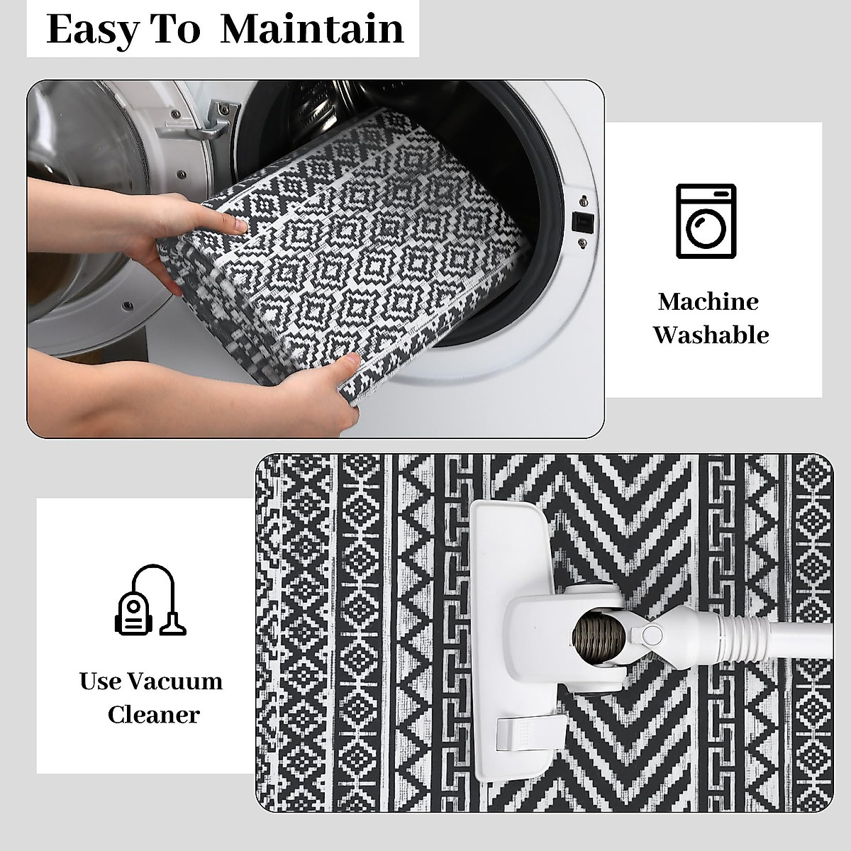 CAROMIO Washable Rug 8x10 Geometric Indoor Carpet Low Pile Non Slip Boho Farmhouse Rug Black Mororccan Throw Floor Cover Bohemian Rug for Living Room Bedroom Home Decor, Black