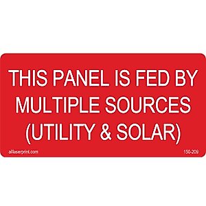 Photovoltaic Labels for PV Solar System"This Panel ID FED Multiple Sources(Utility & Solar)" _4" x 2" _Pack of 12