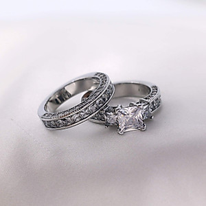 White Gold Filled 2pcs Womens Wedding Ring Sets Bridal Sets Heart cut Cz Engagement Ring Wedding Bands