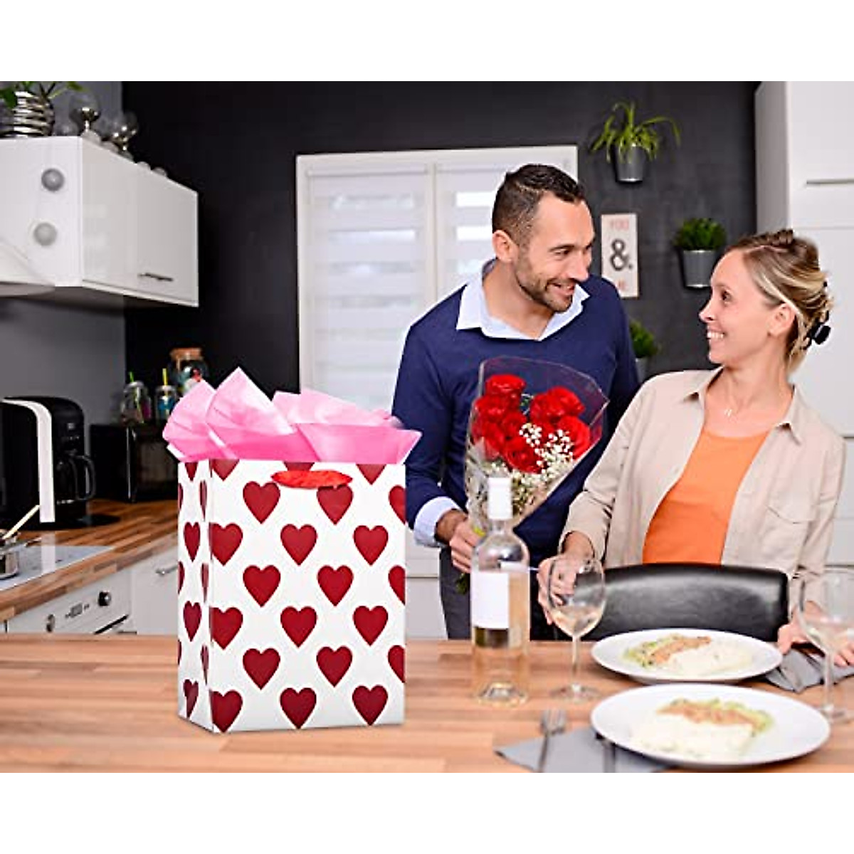 FaCraft Valentines Day Gift Bag 13" Large Valentines Gift Bags with Handles for Kids Heart Gift Bag for Girlfriend Boyfriend Anniversary Wedding Bridal Shower with Wrapping Tissue Paper for Men Him