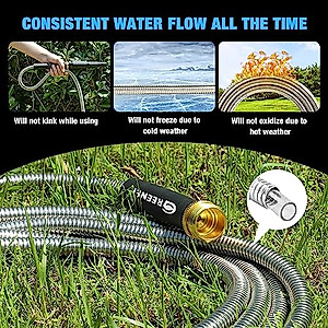 GREENER Stainless Steel Garden Hose 50ft-Heavy Duty Metal Water Hose Rust-proof Flexible Hose with 10 Functional Nozzle, Anti-puncture Kink-resistant Tangle Free Pet-proof Hose for Outdoor Yard Lawn