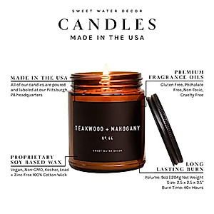 Sweet Water Decor Teakwood + Mahogany Candle | Lavender Geranium Wood Scented Soy Candles for Home | Gifts for Women, Men, Housewarming | 9oz Amber Jar, 40 Hour Burn Time