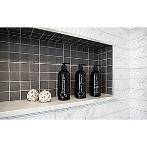 Alora Reusable Shampoo and Conditioner Bottles - Set of 3 - Matte Black - Permanent Stylish Labels - 16oz Pump Bottle Dispenser for Shampoo, Conditioner, Body Wash - Plastic Refillable Containers…