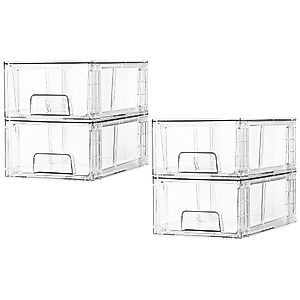 4 Pack Stackable Storage Drawers,Clear Acrylic Drawer Organizers with Handles, Easily Assemble for Fridge, Bathroom,Kitchen Undersink,Cabinet,Pantry organization and Storage