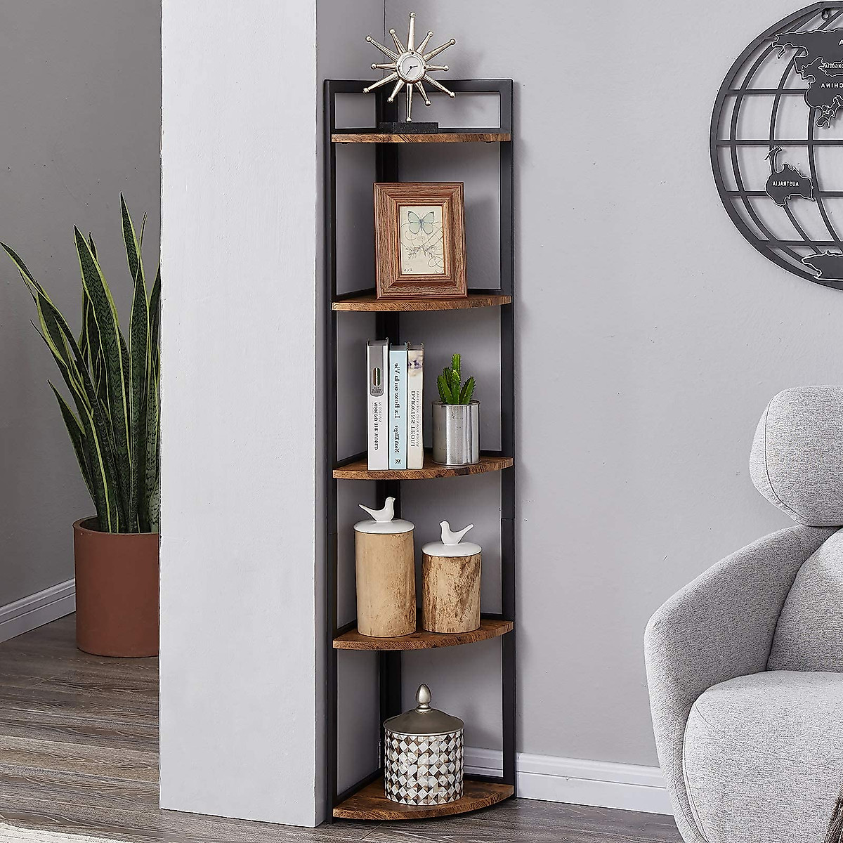 SUPERJARE Corner Shelf, Industrial 5-Tier Wall Corner Bookshelf with Metal Frame, Corner Shelf Stand Display Plant Flower, Corner Bookcase for Home, Office, Kitchen - Rustic Brown