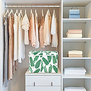 CaTaKu Green Banana Leaves Storage Bins with Lids and Handles, Fabric Large Storage Container Cube Basket with Lid Decorative Storage Boxes for Organizing Clothes