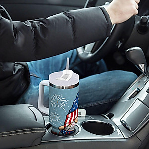 Exnundod 40 oz Tumbler with Handle Patriotic Gnome with Fireworks Insulated Stainless Steel Cup with Lid and Straw 4th July Travel Cup Leak-proof Fits in Car Cup Holder for Iced & Hot