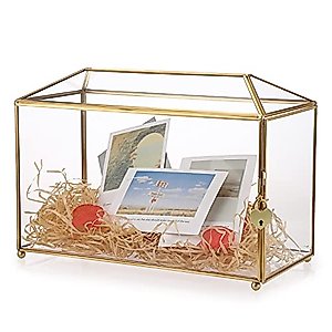 ELLDOO 12.6" Gold Glass Wedding Card Box with Heart Lock, Glass Gift Boxes, House Shape with Feet Clear Terrarium Planter for Wedding Receptions, Centerpiece Decor, Keepsake, Gift Display Box, Large Size