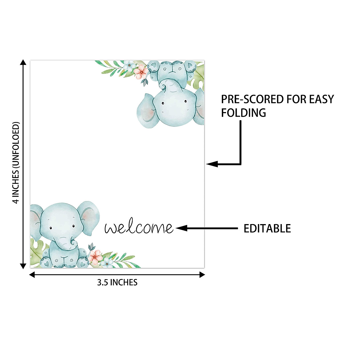 Place Cards for Blue Elephant Party, Editable Name Place Cards, Seating Place Cards for Tables, Tent Style Cards for Baby Shower, Birthday Party, Easy Folding, Pack of 25 Escort Cards(B04)