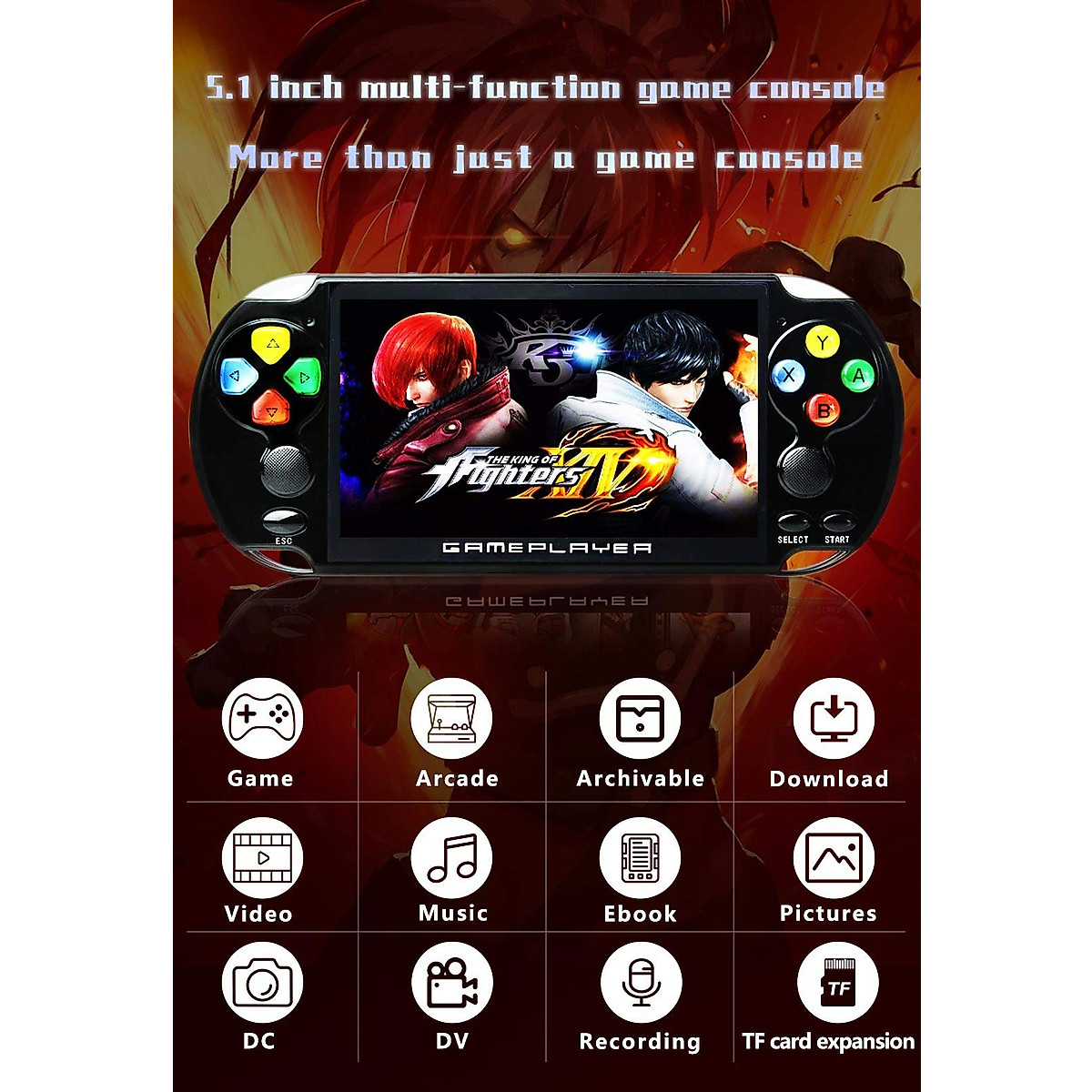 CZT 5.1-inch multi-function video game console color crystal buttons built-in 9600 games MP3MP4 lithium battery game archive AV OUT DV/DC hand-held gaming device (Black)