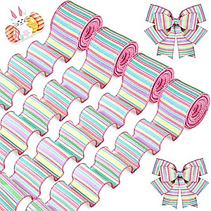 40 Yards Spring Pastel Ribbon Easter Horizontal Stripe Wired Pink Ribbons for Gift Wrapping DIY Craft Easter Home Farmhouse Tree Decoration (2.5 Inch in Width)