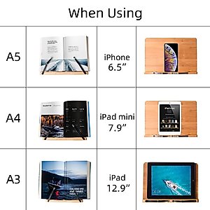 wishacc Book Stand Height Adjustable - Upright Bamboo Book Stand & Holder for Reading Hands Free, Desktop Adjustable Reading Height and Angle Book Rest with Page Clips (11.0 x 8.1 inches)