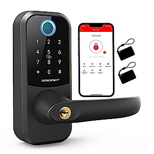 Smart Lock,SMONET Fingerprint Door Lock with Keypad,Keyless Entry Door Lock with Handle,Wireless Electronic Bluetooth Digital Auto Door Lock with Free APP Key Fob Passcode,Smart Locks for Front Door