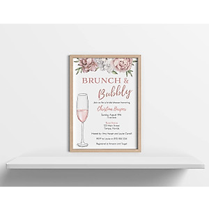 Brunch and Bubbly Bridal Shower Invitation Pink Glitter Rose Gold Floral Flowers Roses Champagne Mimosas Bachelorette Wedding Printed Cards Customized Personalized Cards (12 Count)