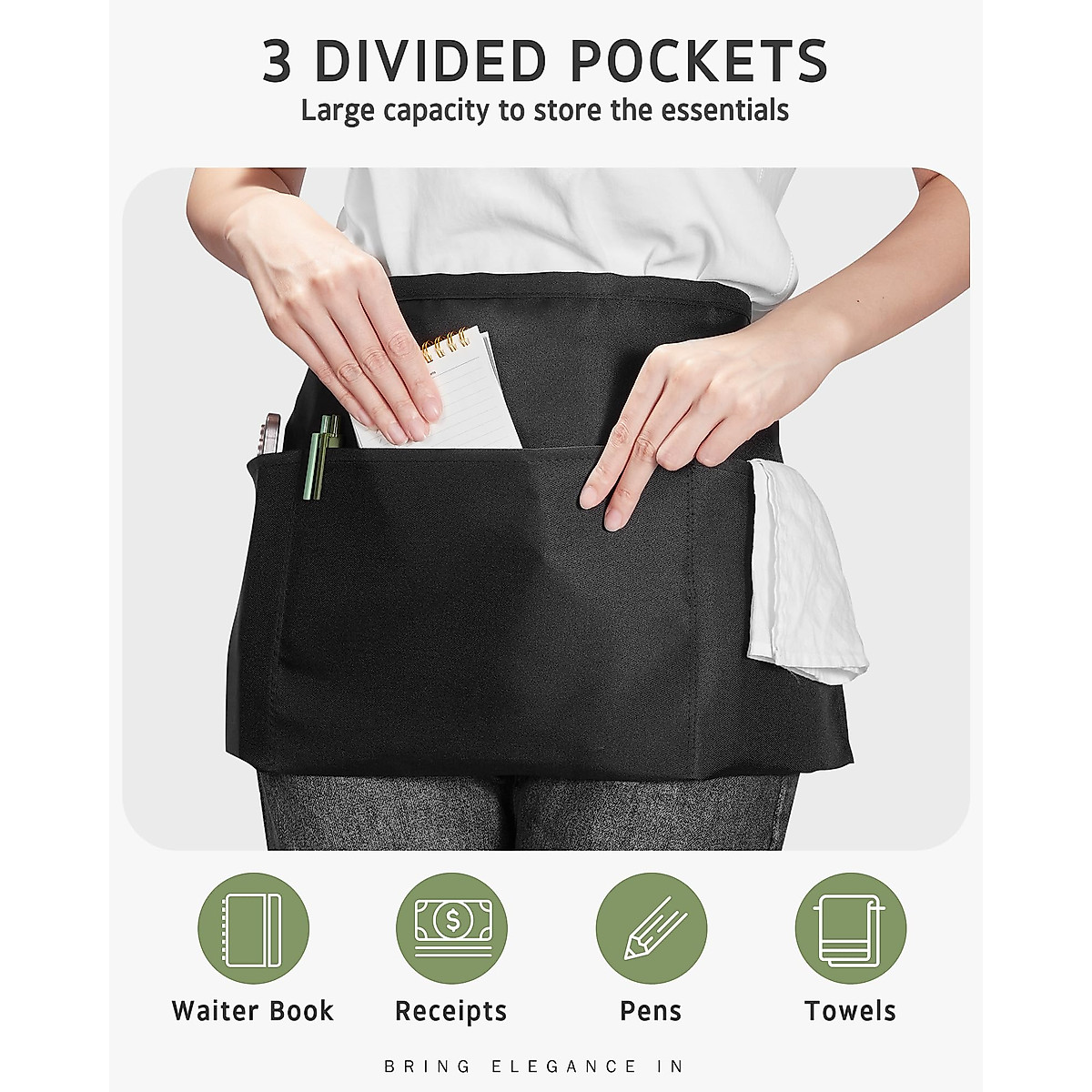 Syntus 12 Pack Server Aprons with 3 Pockets, Water Resistant Waitress Waist Apron for Women Men, Server Apron with Large Pockets for Waitress Book, Phone & Cutleries, 11.5-inch Black