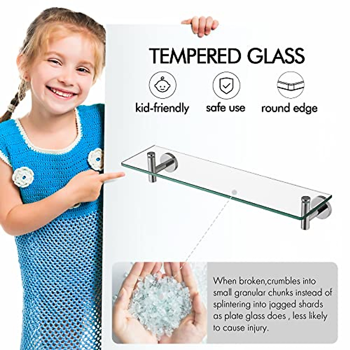 KES Glass Shelf Bathroom Rectangular Shelf 20-Inch with 8 MM-Thick Tempered Glass Rustproof Metal Bracket Wall Mount Brushed Finish, A2021-2