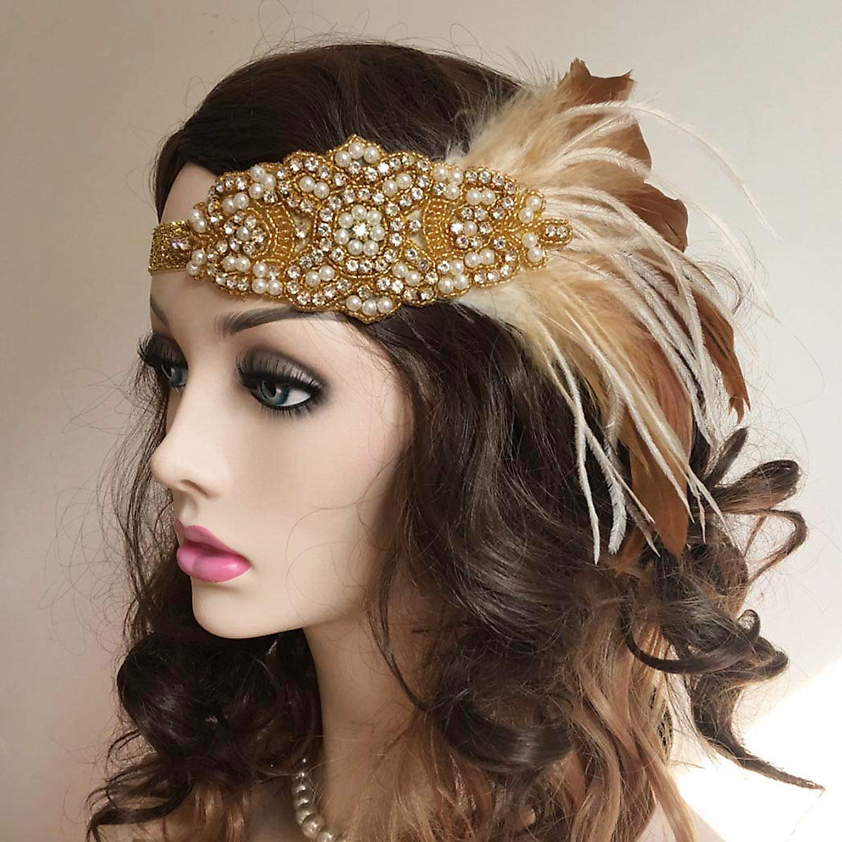 Asooll 1920s Feather Headband Gold Vintage Crystal Flapper Headpiece Headdress Prom Head Accessories for Women and Girls
