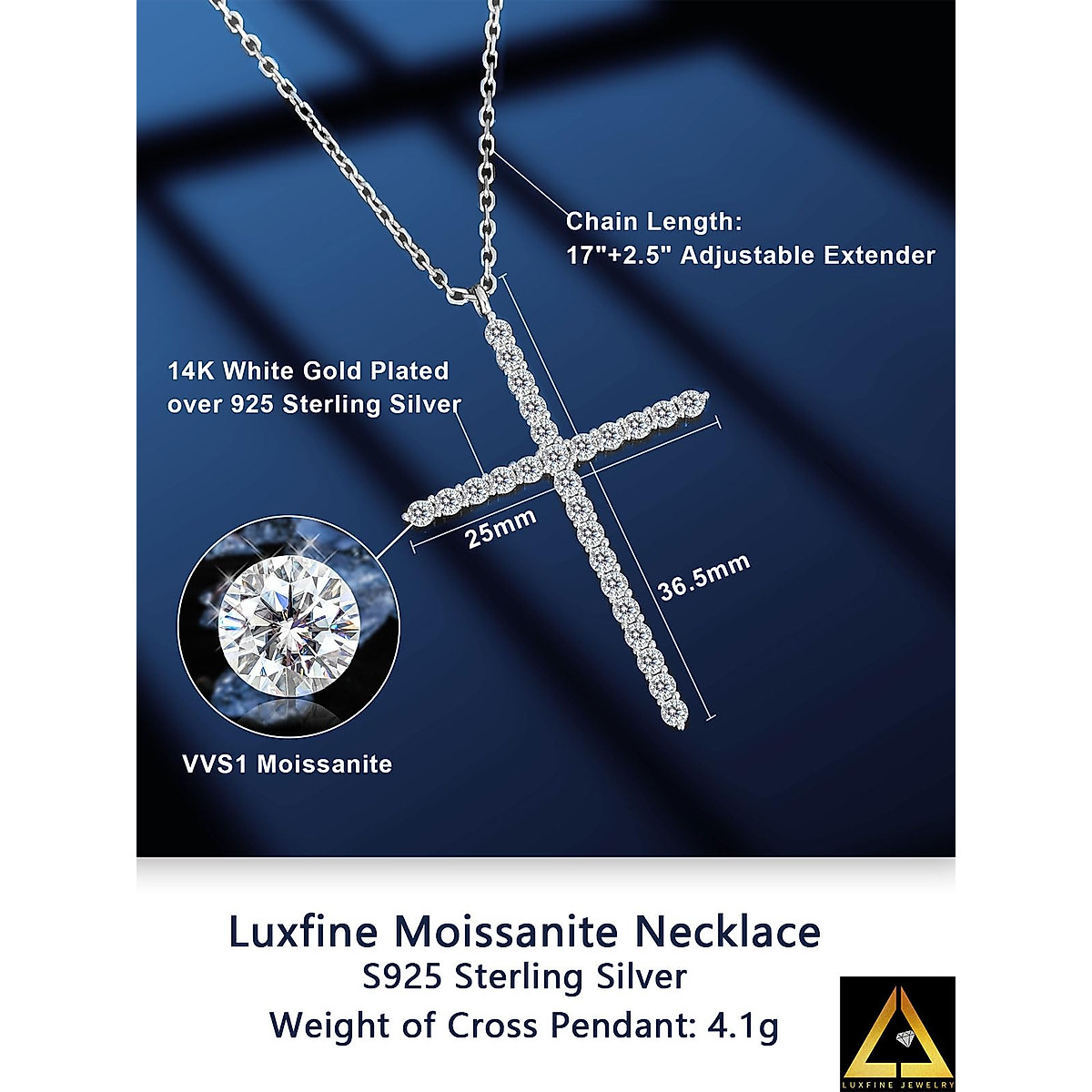 Luxfine Moissanite Cross Necklace for Women, Sterling Silver Diamond Crucifix Pendant, White Gold Plated Iced Out Jewelry, Metal, Moissanite