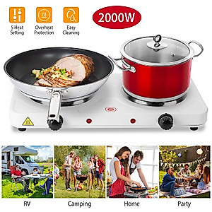 TeqHome Hot Plate, 2000W Portable Electric Stove for Cooking with 5 Levels Adjustable Temperature & Dual Control, Countertop Double Coil Burner Cast Iron Cooktop for All Cookwares RV Home Camp (White)